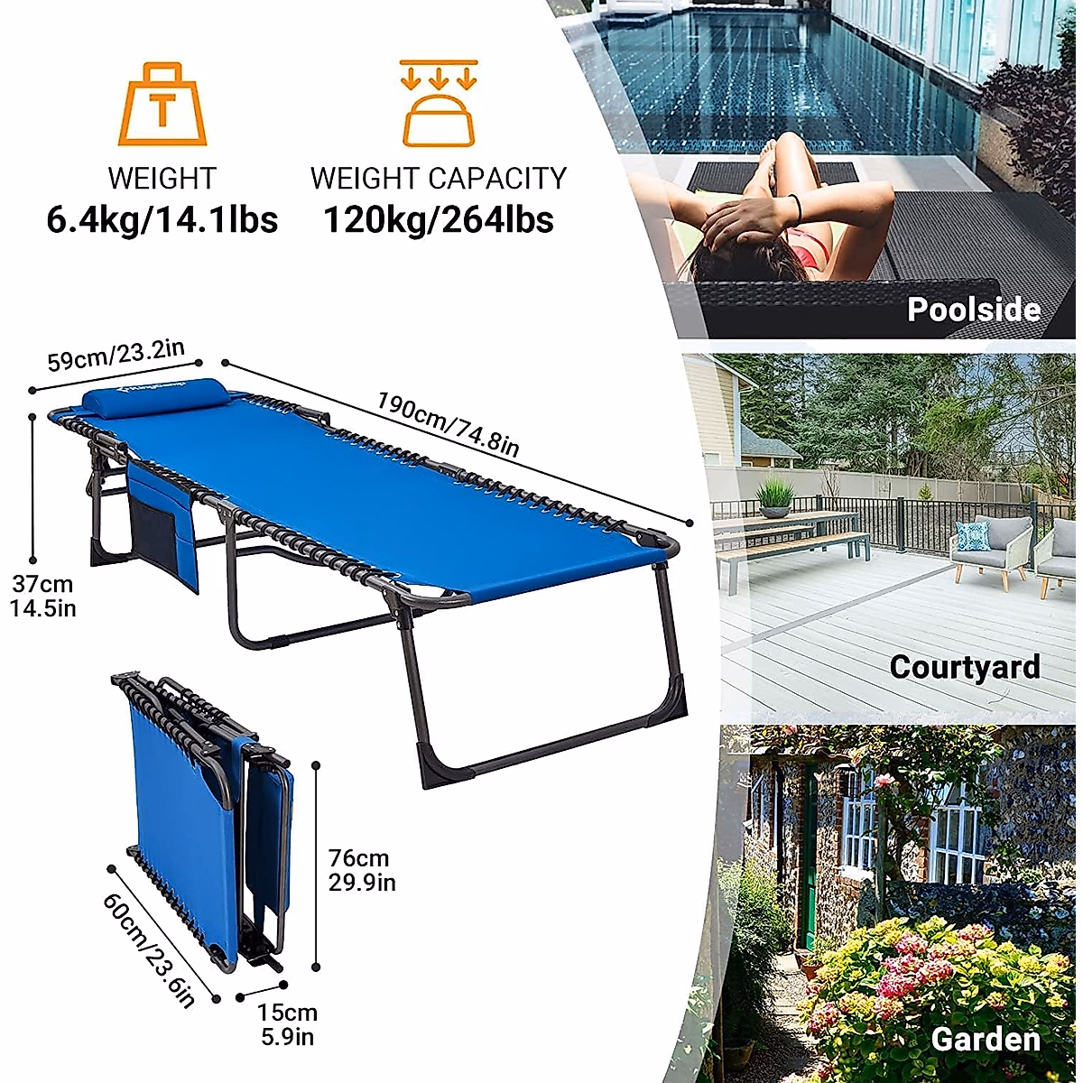 KingCamp Chaise Lounge Outdoor 5-Position Adjustable Patio Lounge Chair,Folding Tanning Chair for Lawn,Beach,Pool,Heavy-Duty Camping Reclining Chair