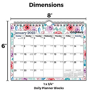 CRANBURY Small Wall Calendar 2023 - (8x6", Floral) Use to Dec 2023, Mini Wall Calendar 2023, Spiral Flip Calendar, 6x8 Bulletin Board Calender, Includes Stickers