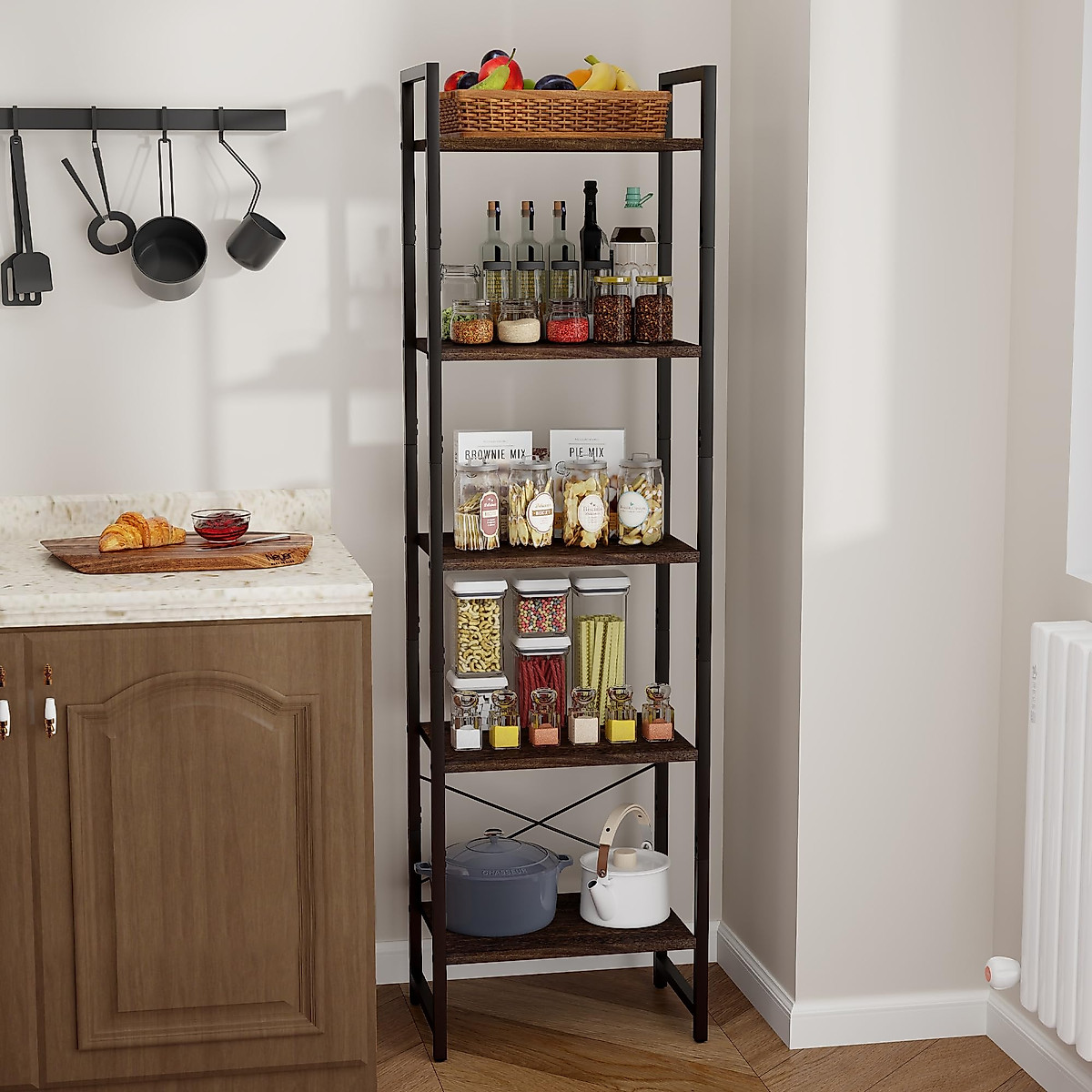 Fun Memories 5-Tier Bookshelf with Drawer - Tall & Narrow Bookcase, Solid Wood & Metal Book Shelf Storage Organizer, Free-Standing Storage Unit for Bedroom, Living Room, Home Office-Brown