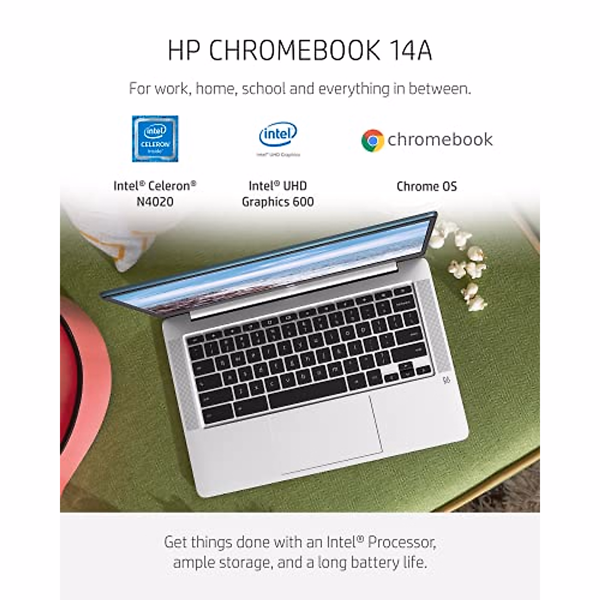 HP Chromebook 14 Laptop, Intel Celeron Processor, 4 GB RAM, 32 GB eMMC, 14” HD (1366 x 768), Display, Chrome OS, Webcam & Dual Mics, Work, School, Entertainment, Long Battery Life (14a-na0120nr, 2021)