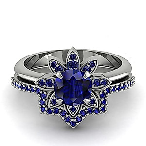 Jewelryonclick 925 Sterling Silver Ring Created Blue Sapphire Minimalist Flower Bridal Set Stacking Wedding Jewelry Easy to Wear Engagement Oranments for Womens Size : 6