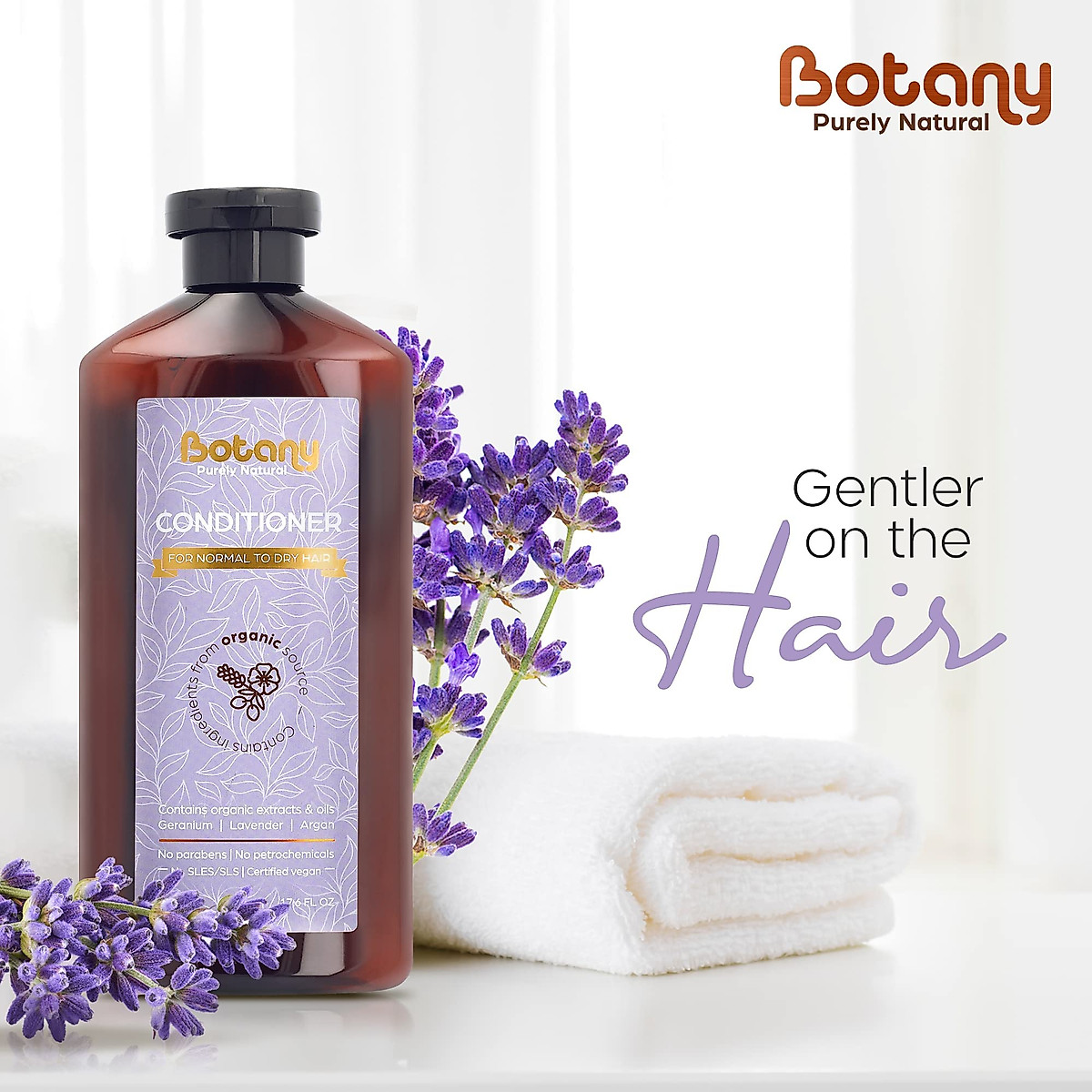 Botany Natural Conditioner for Normal to Dry Hair with Organic Argan Oil, Geranium, and Lavender - Vegan Conditioner for Women and Men SLS/SLES, Silicon, Paraben and Cruelty Free,17.6 oz
