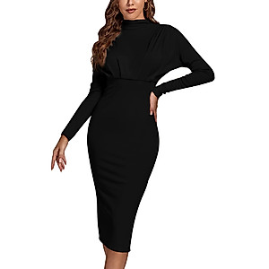 LYANER Women's Ruched Mock Neck Split Back Long Sleeve Cocktail Party Bodycon Midi Dress Solid Black Medium