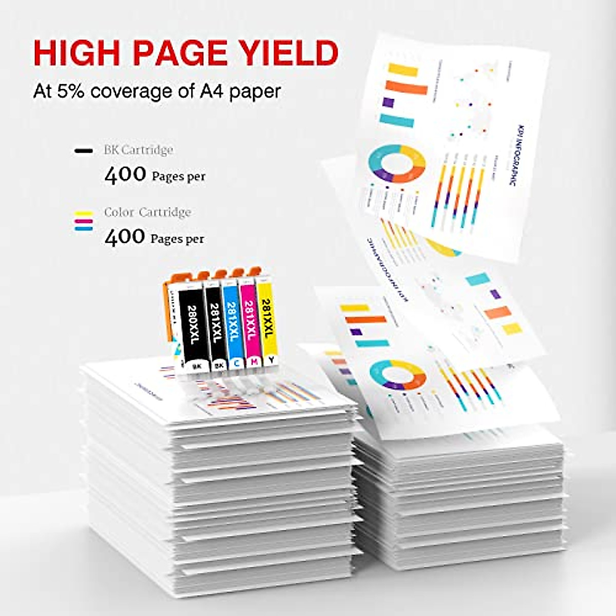 Topkolor 280XXL 281XXL Ink Cartridge Compatible for Canon 280 281 Ink for Printer TR8520 TS6320 TS6120 TR7520 TS6220 TS8120 TS8220 TS9120 TS9520 5 Pack(PGBK Black C M Y)