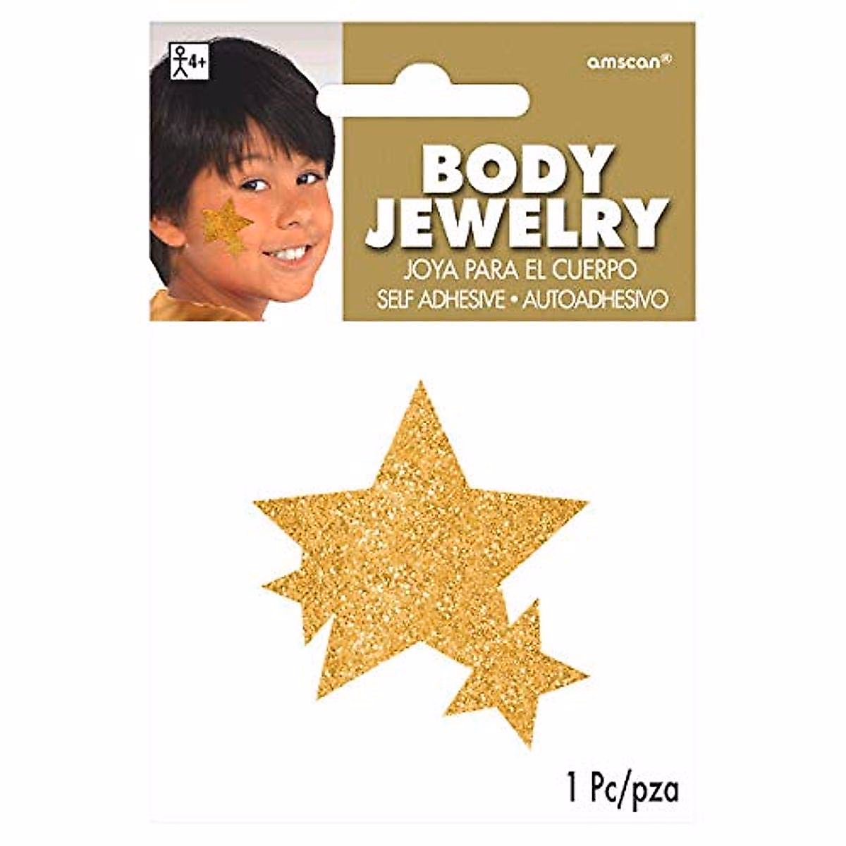 Amscan Stars Assorted Glitter Self-Adhesive Body Jewelry, 5" X 3 1/2" (pkg. size), Gold