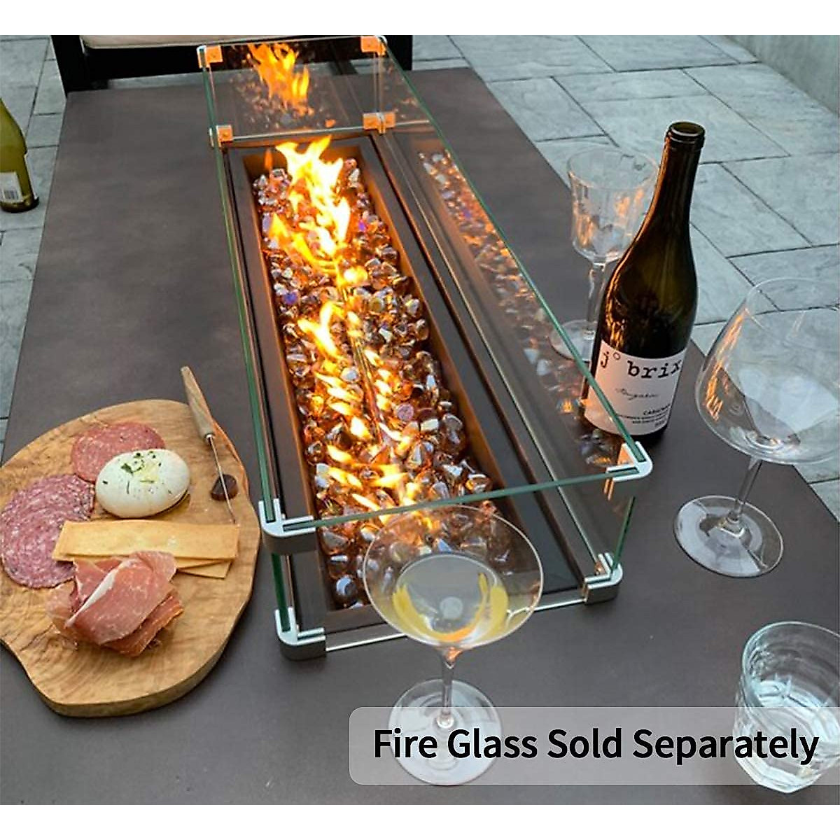 SUNBURY Outdoor Propane Burning Fire Pit, Patio Fire Table 50,000 BTU Fire Pit for Outside w Glass Wind Guard, Waterproof Cover (Rectangle, Dark Brown)