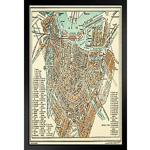 Amsterdam Netherlands Vintage Antique Travel World Map with Cities in Detail Map Posters for Wall Map Art Wall Decor Geographical Illustration Tourist Travel Black Wood Framed Wall Art 14x20