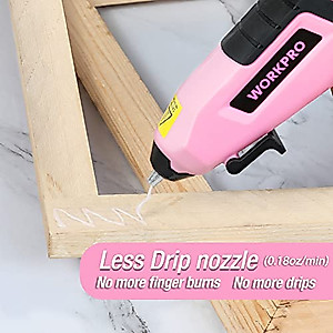 WORKPRO Cordless Hot Melt Glue Gun, Rechargeable Fast Preheating Mini Glue Gun Kit with 20 Pc Premium Glue Stick, Automatic-Power-Off Glue Gun for Art, Crafts, Decorations, Fast Repairs, Pink Ribbon