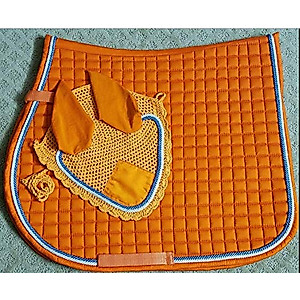 Horse English Saddle PAD with Matching Fly Bonnet with Ear NETS Breathable Cotton Handmade Full Size Stretchable Ears (Purple, Full)