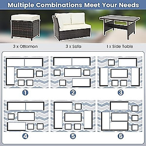 Tangkula 7 Pieces Wicker Patio Furniture Set, Rattan Sofa with Coffee Table, Ottomans & White Cushions, Sectional Conversation Sofa Set for Porch, Poolside, Balcony Yard Garden (White)