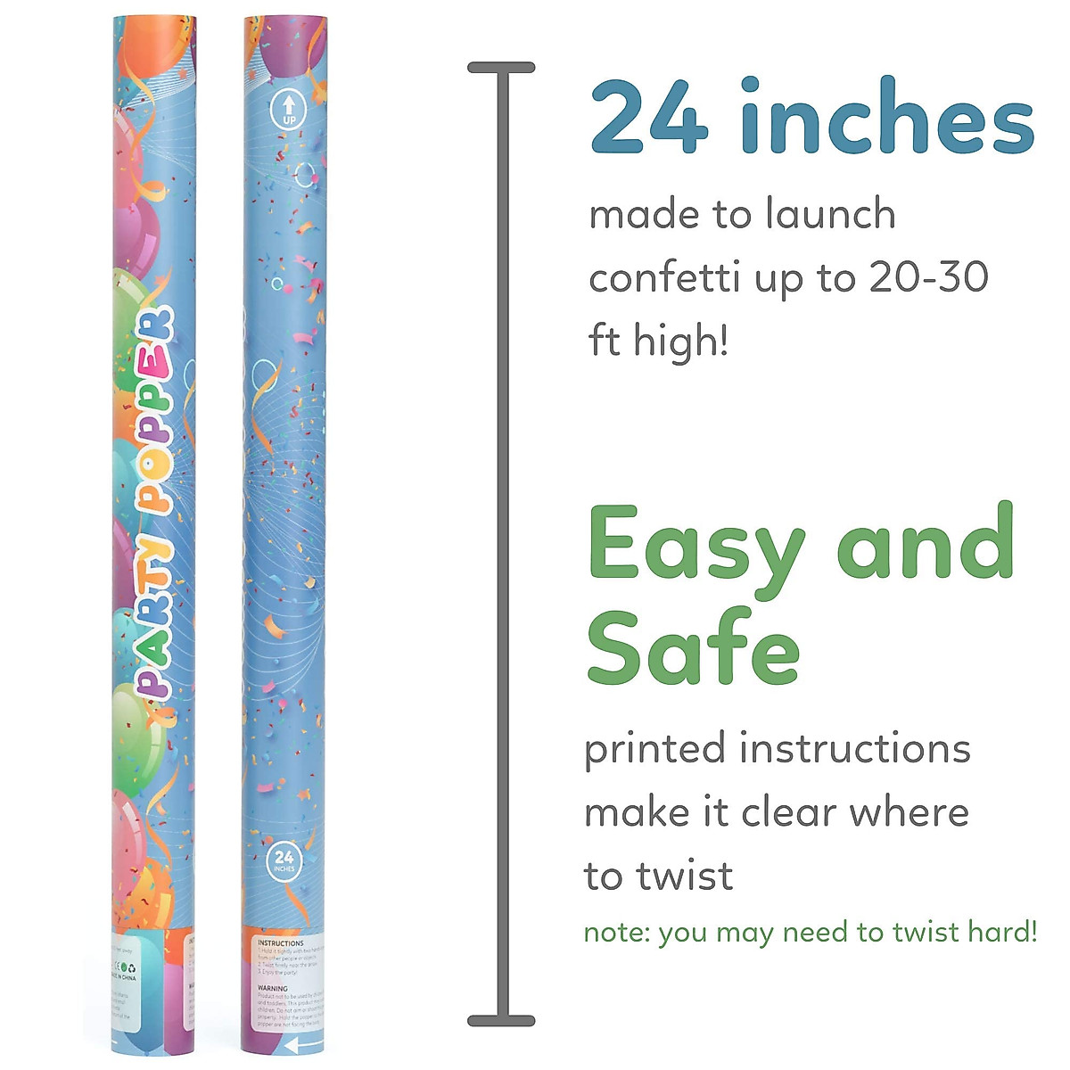TUR Party Supplies Giant (24 in) Biodegradable Confetti Cannons Party Poppers (2 Pack) | Multicolor | Launches Up to 25ft | Confetti Poppers for New Years Eve, Birthdays, Weddings, Graduations