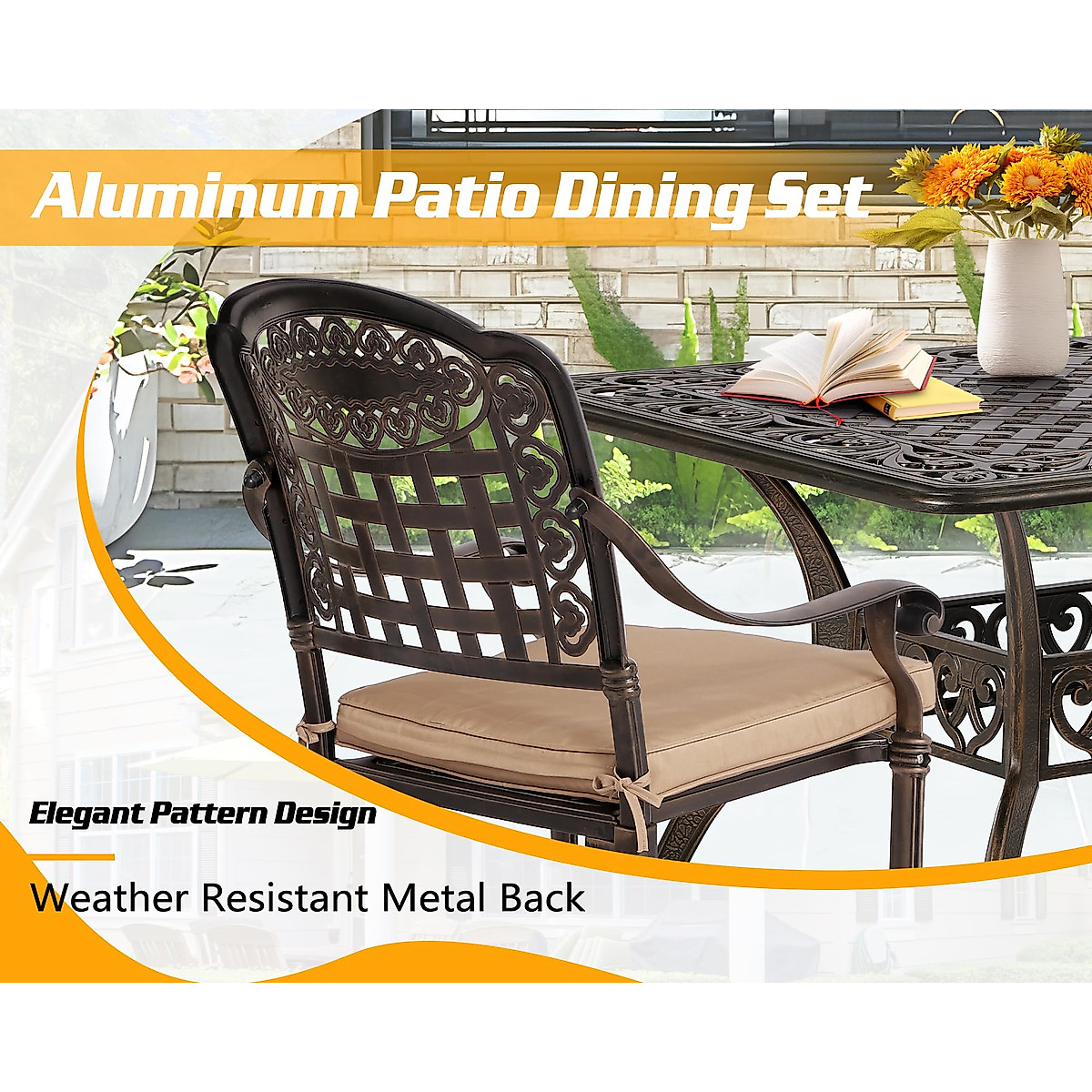 TITIMO Cast Aluminum Patio Dining Set 7-Piece with Cast-Top Table and Chairs with Cushions,Outdoor Furniture Set for Backyard Porch Pool (6 Love Chairs+Rect Table+Khaki Cushions)
