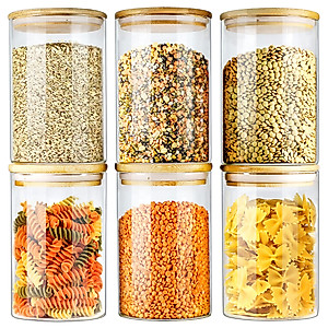 Glass Jar with Bamboo Lid, Glass Food Storage Jar with Airtight Lid, 6 pack of 26oz, Glass Food Storage Container with Bamboo Lid, Glass Pantry Jars, Glass Canisters with Lids for Kitchen Storage and Organization