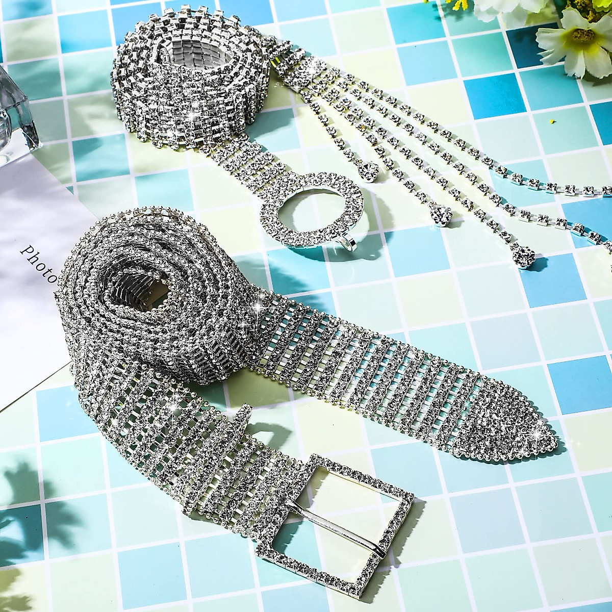 Vicenpal Rhinestone Belt 2 Pieces Shiny Crystal Ladies Waist Belt O Ring Belts for Women Wide Silver Chain Belt Bling Diamond Belt