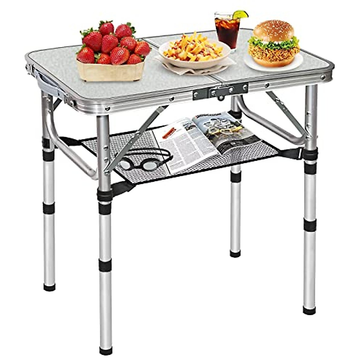 FURFIMU Small Folding Table,3 Adjustable Height Foldable Table,2Ft Portable Camping Table,Outdoor Folding Table with Net Mesh，Folding Beach Table,White Metal Folding Table for Patio BBQ