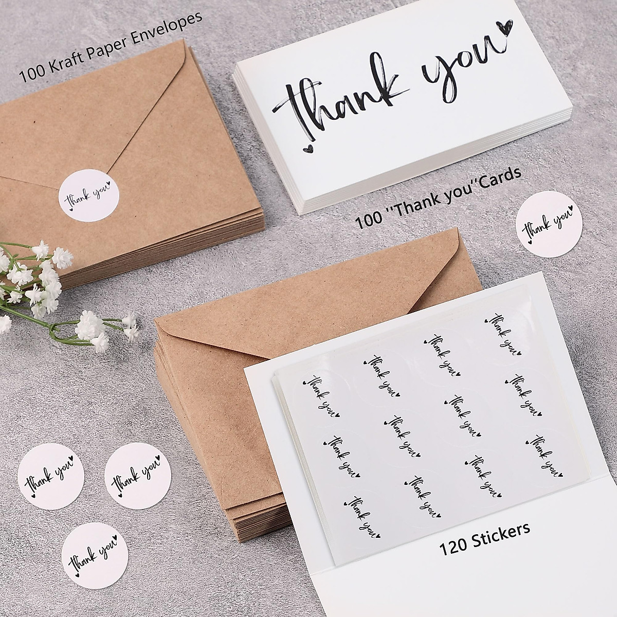 100 Thank You Cards 4x6 Inch, with 100 Kraft Envelopes and 120 Stickers, Minimalistic and Professional Looking for Business Wedding Graduation Baby Shower Bridal Shower