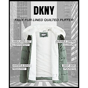 DKNY Girls' Winter Coat - Sherpa Fur Lined Heavyweight Quilted Puffer Parka - Insulated Winter Ski Jacket for Girls (4-16), Size 7-8, Sage