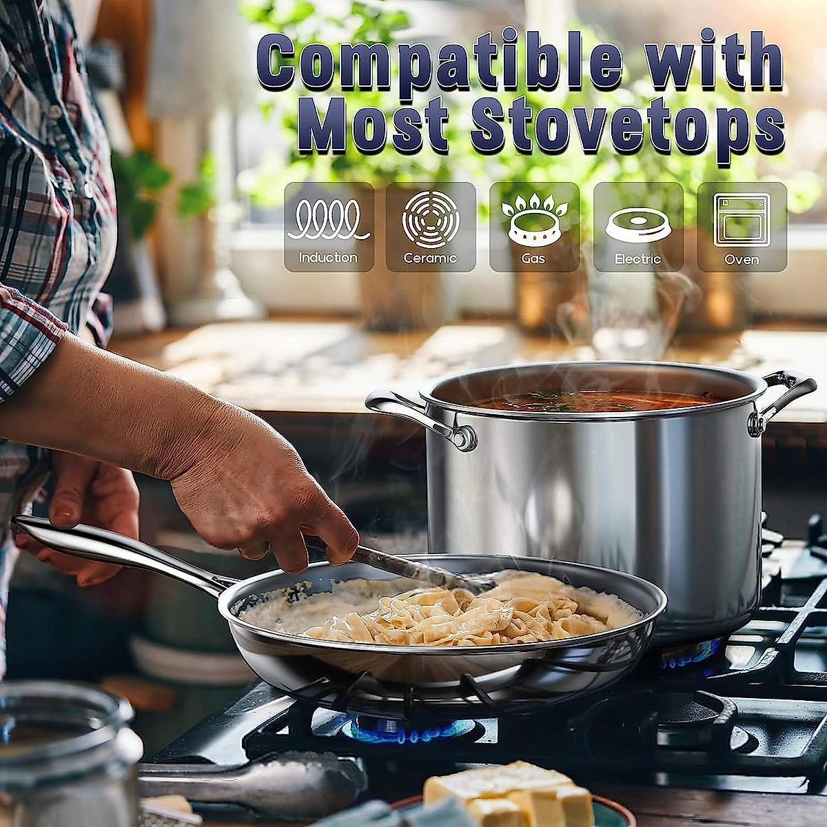 Cooks Standard Stainless Steel Kitchen Cookware Sets 10-Piece, Multi-Ply Full Clad Pots and Pans Cooking Set with Fry Pan, Dishwasher Safe, Oven Safe 500°F