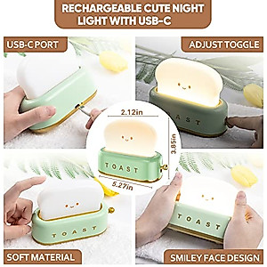 Cute Night Light, Kawaii Toast Night Lamp for Desk Decor, Table, Baby Nursery and Bedroom Room Decor Aesthetic, Dimmable Rechargeable Toaster Bread Lamp Gifts for Teens, Kids, Girls and Boys, Green