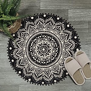 Uphome Small Round Rug 2.3’ Black Mandala Boho Bathroom Rugs with Pom Poms Fringe Washable Circle Shower Mat Soft Non-Slip Cute Circular Throw Rug for Sink Powder Room Bedroom Kids Room Nursery