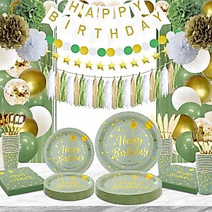 192 Pcs Sage Green Birthday Party Decorations - Sage Green Birthday Plates and Napkins Party Supplies Serve 20 - Sage Birthday Decorations with Birthday Banner Balloon Fringe Curtain for Women Girls