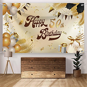 Bing-Haoze 50th Happy Birthday Backdrop-71''x44'' Gold Happy Birthday Decorations Banner Party Decorations Supplies Birthday Banner Sign for Men Women 50th Birthday Party