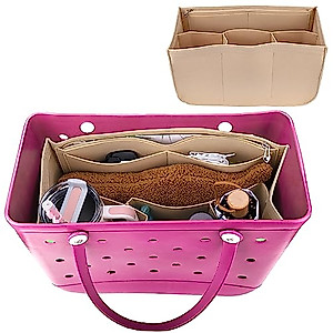 AIERSA Rubber Beach Bag Organizer Compatible with Bogg Bag/Simply Southern Tote, Felt Insert Divider Pouch with Zipper for Bogg Bags Accessories, with 7 Pocekets, Only for Original X Large Size -Beige