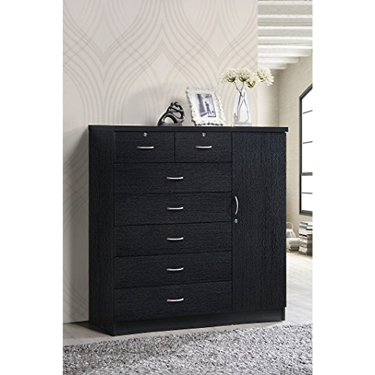 Hodedah 7 Drawer Jumbo Chest, Five Large Drawers, Two Smaller Drawers with Two Lock, Hanging Rod, and Three Shelves | Black