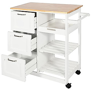 AKVOMBI Rolling Kitchen Island Cart with Wood Countertop, White Kitchen Trolley Carts on Wheels with 3 Drawers, Towel Rack, Adjustable Shelves