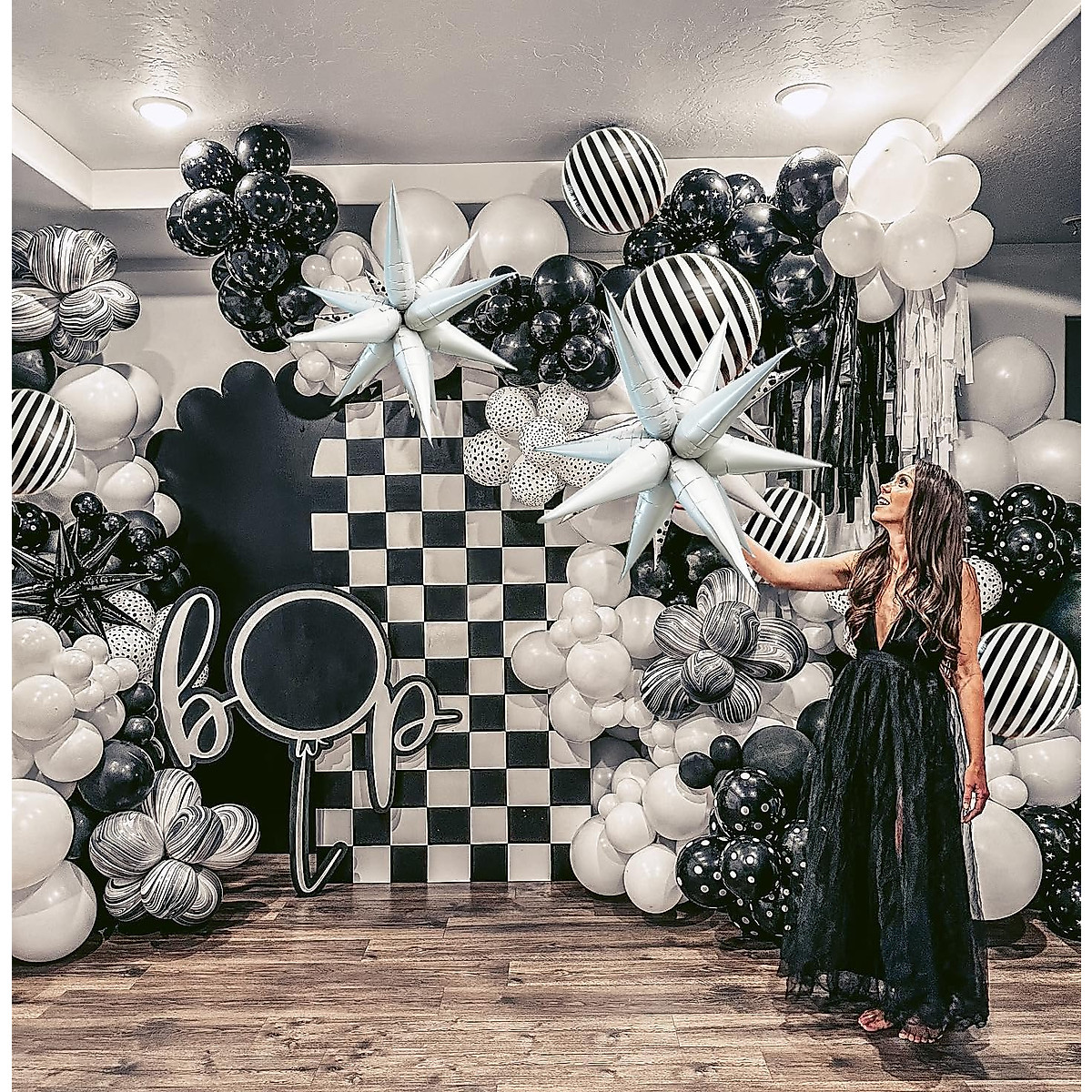 Woaipati 178 PCS Black and White Balloon Garland Arch Kit with Striped Balloons,4D Agate Balloons and Explosion Star Foil Balloons for Men or Women's Birthday,Wedding,Disco Party Decorations Supplies