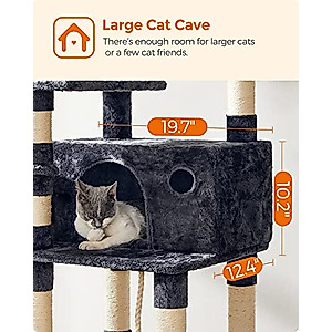 FEANDREA Cat Tree, Large Cat Tower, 64.6 Inches, Cat Activity Center with Hammock, Basket, Removable Fur Ball Sticks, Cat Condo, Smoky Gray UPCT087G01
