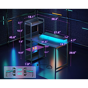 ODK Reversible Gaming Desk with USB Charging Port and LED Lights, 40 Inch Computer Desk with Storage Shelves & Monitor Stand, Study Table for Home Office, Small Space Bedroom, Carbon Fiber Black