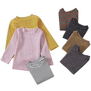 Toddler Girls Boys Long Sleeve Tee Shirts Little Kids Cotton Striped Crew Neck Tops (White,3T)