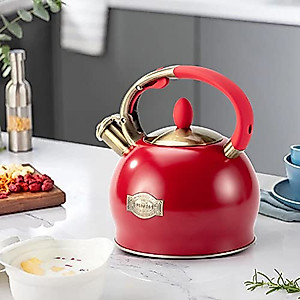 SUSTEAS Stove Top Whistling Tea Kettle-Surgical Stainless Steel Teakettle Teapot with Cool Touch Ergonomic Handle,1 Free Silicone Pinch Mitt Included,2.64 Quart(RED)