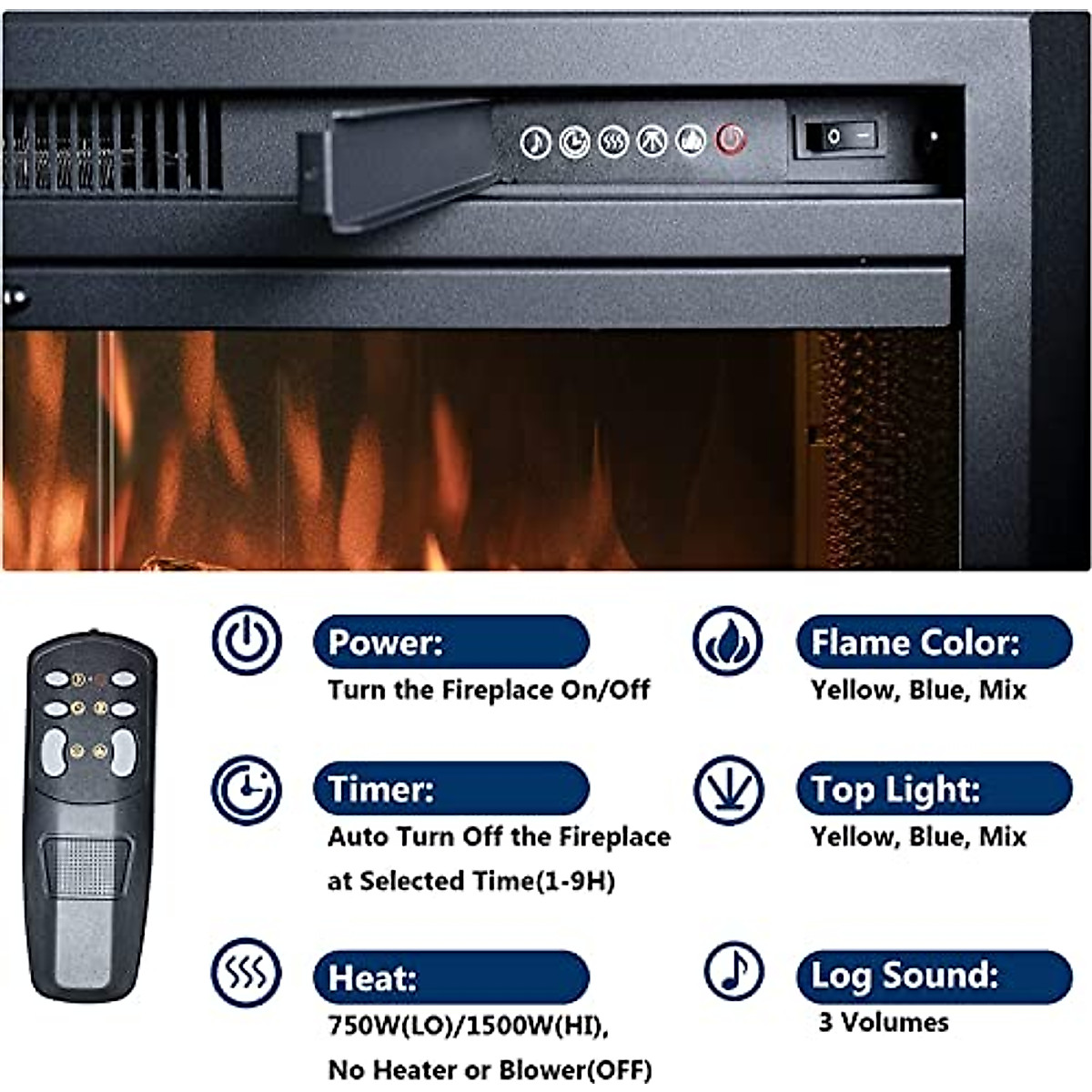 Velaychimney 29 Inches Electric Fireplace Insert, 750W/1500W Fireplace Heater with Adjustable Flame and Top Light Colors, Fire Crackling Sound, Remote Control, Timer, Glass Door & Mesh Screen, Black…