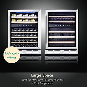 Kalamera 24'' Wine Cooler Refrigerator 46 Bottle Dual Zone Built-in or Freestanding Fridge with Stainless Steel & Triple-Layer Tempered Reversible Glass Door and Temperature Memory Function
