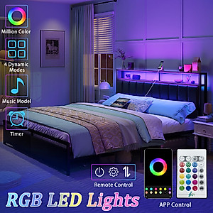 AMERLIFE LED Bed Frame with Drawers, King Platform Bed Frame with 2-Tier Storage & Leather Upholstered & Charging Station Headboard, No Box Spring Needed, Noise Free, Easy Assembly, Black