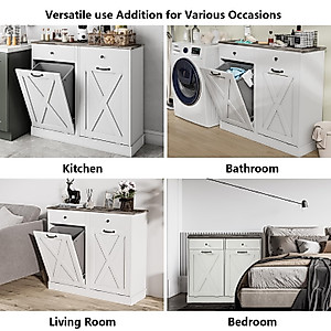 Bocarali Double Tilt Out Trash Cabinet, 20 Gallon Wood Free Standing Laundry Sorter Trash Can with Dual Drawers, Kitchen Garbage Can Recycling Bin Cabinet for Living Room Bathroom, White