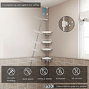 ALLZONE Rustproof Shower Caddy Corner for Bathroom,Bathtub Storage Organizer for Shampoo Accessories,4-Tier Adjustable Shelves with Tension Pole, 56 to 114 Inch, White