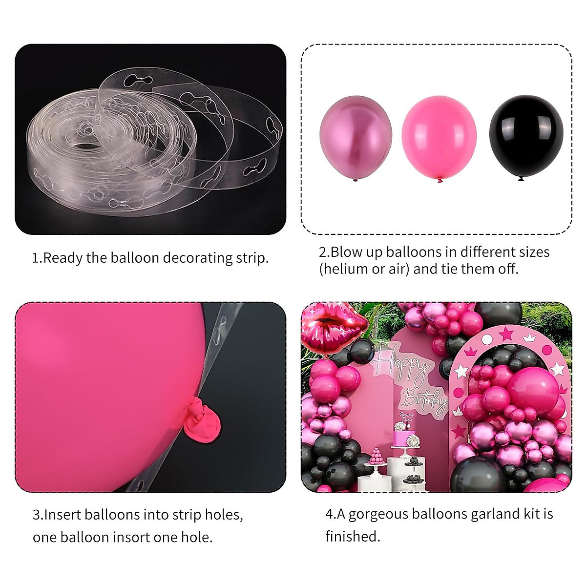 Pink Balloon Garland Arch Kit,Hot Pink Black Rose Red Balloon Garland Red Lips Foil Balloon for Theme Party Girl Birthday Baby Shower Themed decorations
