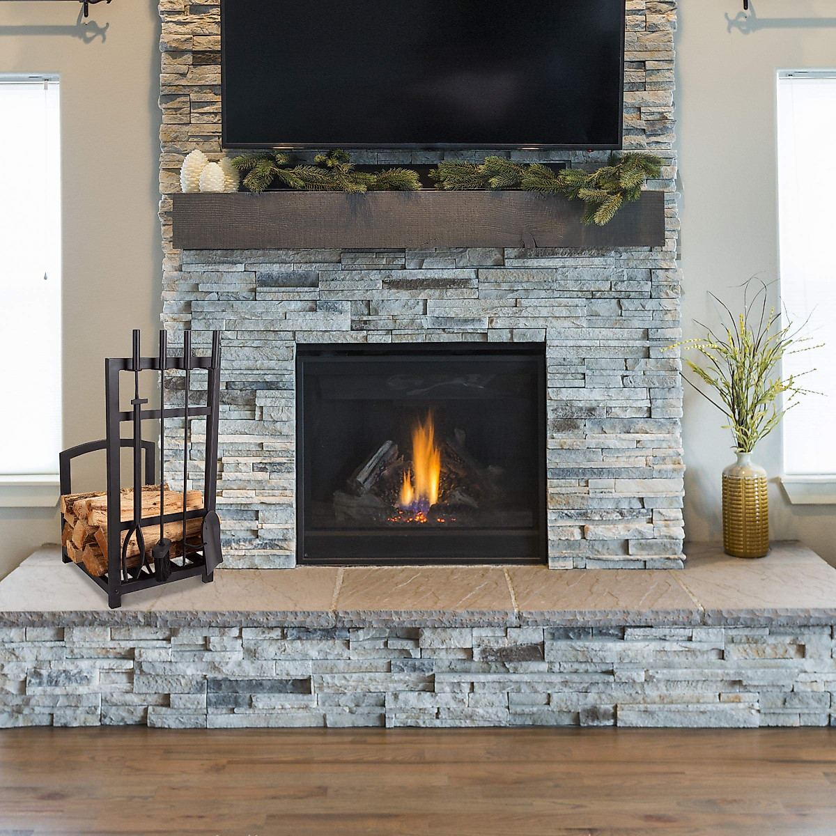 Lavish Home 5-Piece Fireplace Tool Set and Log Rack - Mission-Style Firewood Holder with Shovel, Broom, Tongs, and Poker for Hearth (Matte Black)