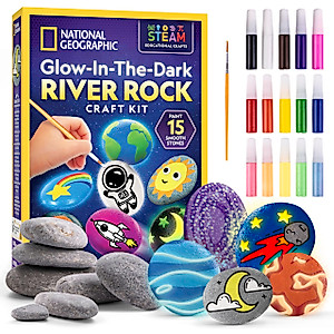 NATIONAL GEOGRAPHIC Glow in The Dark Rock Painting Kit - Crafts for Kids, Decorate 15 River Rocks with 15 Paint Colors & Art Supplies