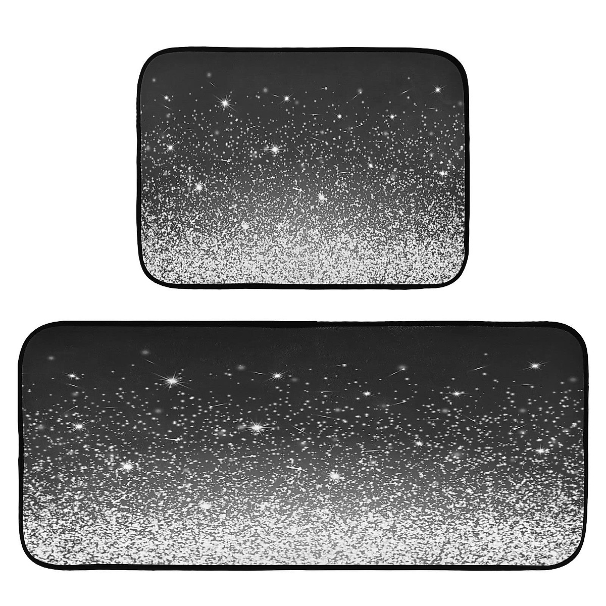 Black Bling Kitchen Rug Mats Shiny Glitter Floor Rugs Washable Non-Slip Carpet Area Comfortable Standing Mat for Bedroom Living Room Door Mat Decor