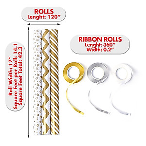 Packanewly Wrapping Paper Set - 17 inch x 120 inch White Gold Designs Mini Roll with Ribbon and Tag Stickers (3-Pack, 42.3 sq.ft.ttl.)