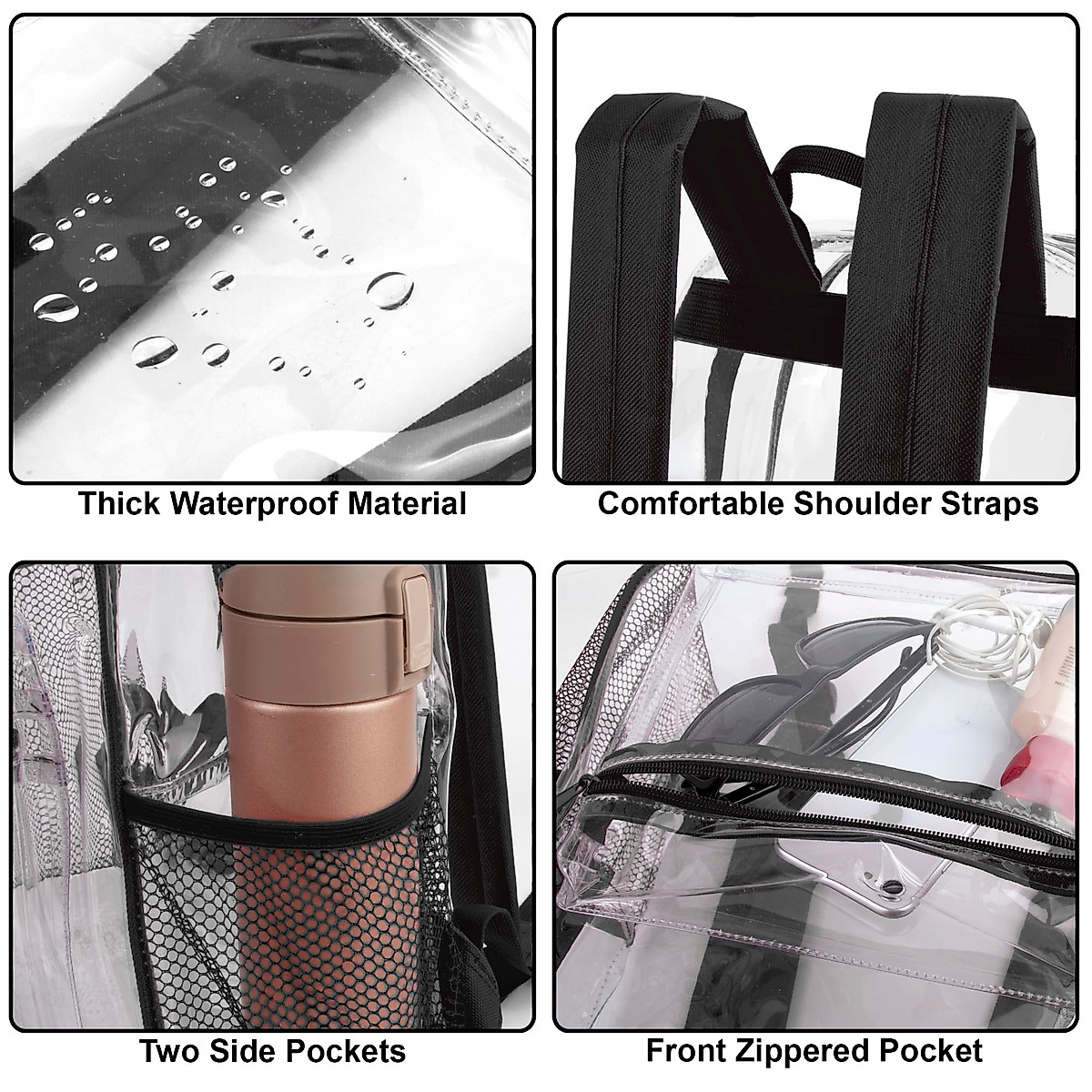 Trail maker Clear Backpack With Reinforced Straps & Front Accessory Pocket - Perfect for School, Security, & Sporting Events (Black) Medium