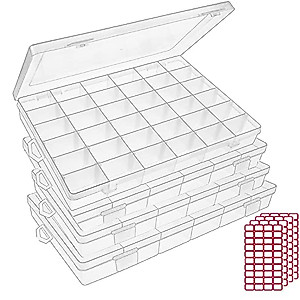 4pack 36 Grids Plastic Clear Organizer Box Bead Storage Containers with Adjustable Dividers for Craft Jewelry Fishing Tackles Parts Storage with 4 Sheets Label Stickers