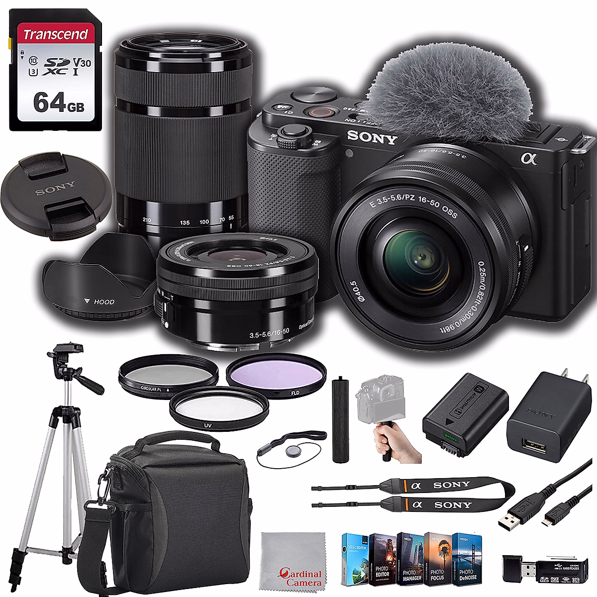 Sony ZV-E10 Mirrorless Camera with with 16-50mm + 55-210mm Lenses, 64GB Memory, Case. Tripod, Filters, Hood, Grip, & Professional Video & Photo Editing Software Kit