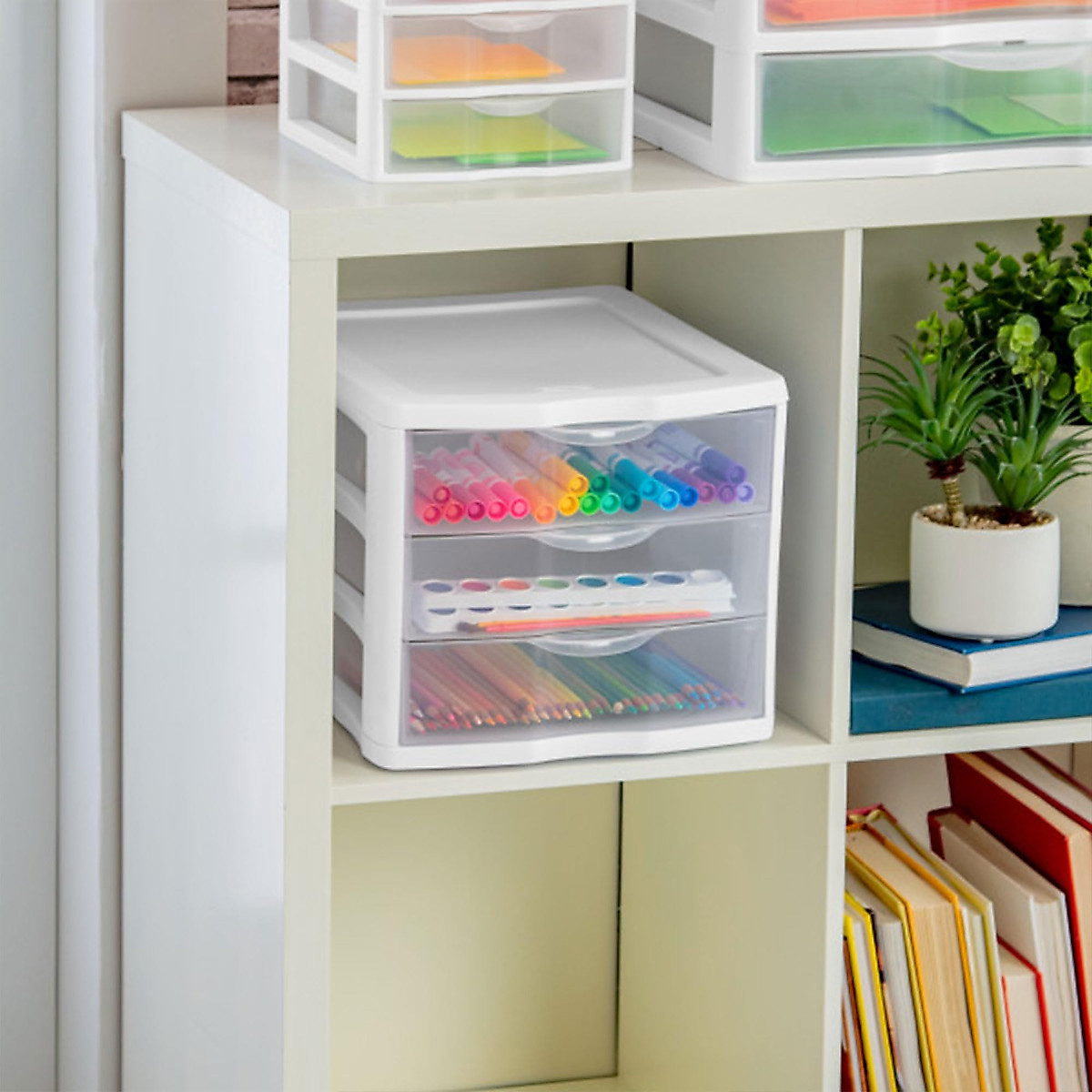 Sterilite ClearView Compact Stacking 3 Drawer Storage Organizer System for Crafting Supplies, Home Office, or Dorm Room, (16 Pack)