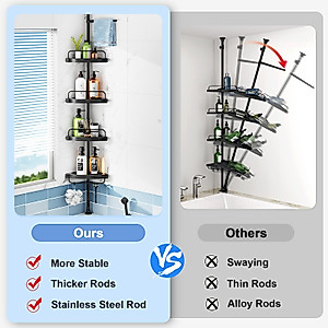 Roleader Corner Shower Tension Pole: Rust Proof 4Tier Shampoo Storage Organizer for Inside Shower-Telescoping Rod Rack Bathroom and Bathtub-Restroom Floor Standing Bath Holder Black