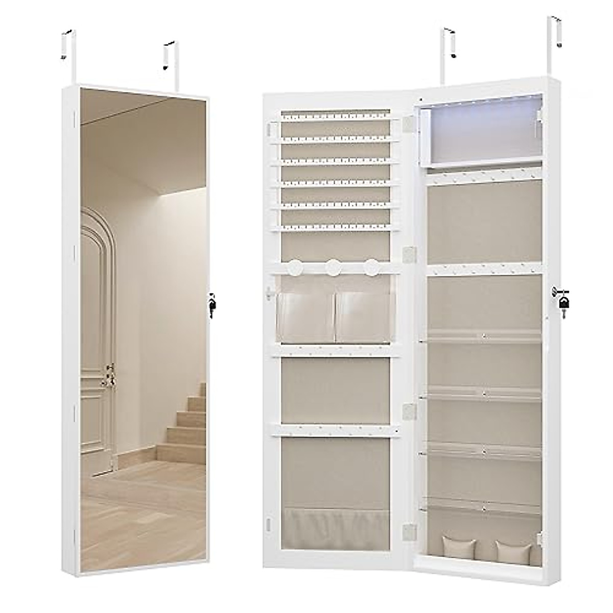 Hzuaneri 8 LEDs Mirror Jewelry Cabinet, 47.2-inch Jewelry Armoire Organizer, Wall/Door Mount Lockable Storage Cabinet with 6 Earrings Shelves, 2 Makeup Pockets, White and Beige JC12003BE